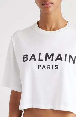 Balmain Logo Crop Cotton T-shirt - Gab White/black