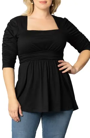 KIYONNA Ruched Sleeve Top Black Noir