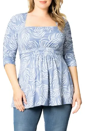 KIYONNA Ruched Sleeve Top Blue Palm Print