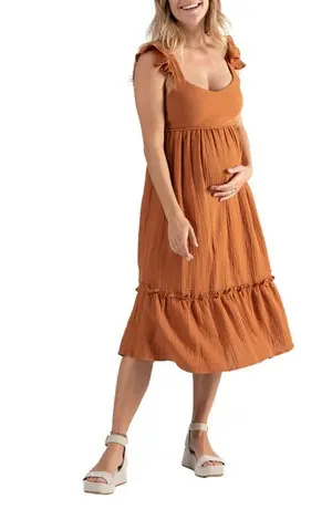 CACHE COEUR Melody Organic Cotton Gauze Maternity/nursing Midi Dress - Caramel