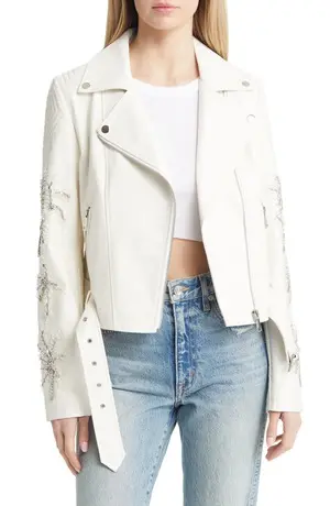 Azalea Wang Beaded Croc Embossed Faux Leather Moto Jacket - White