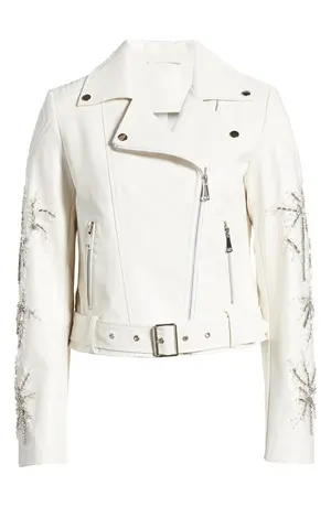 Azalea Wang Beaded Croc Embossed Faux Leather Moto Jacket - White