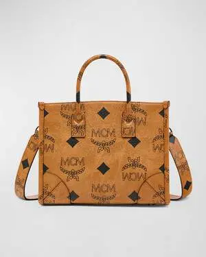 Mcm Munchen Small Visetos Monogram Tote Bag - Cognac