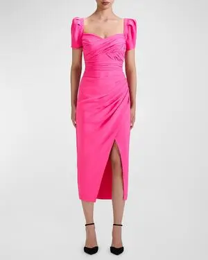 SELF-PORTRAIT Iris Pleated-sleeve Gathered Crepe Midi Dress - Pink