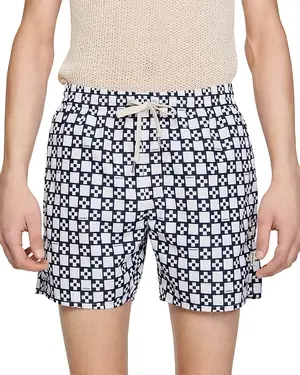 Sandro Square Print Drawstring Swim Shorts Ecru Navy