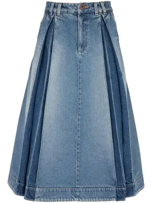 Balmain Pleated Denim Midi Skirt