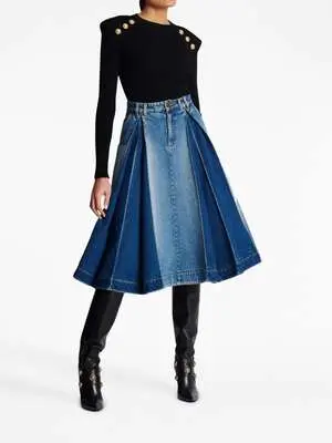 Balmain Pleated Denim Midi Skirt