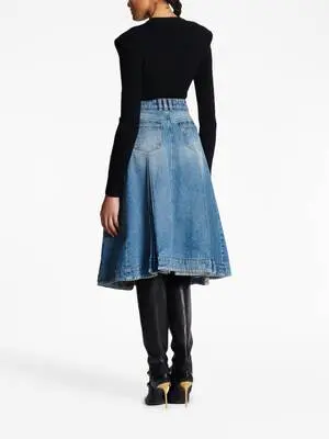 Balmain Pleated Denim Midi Skirt