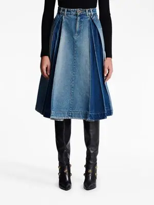 Balmain Pleated Denim Midi Skirt