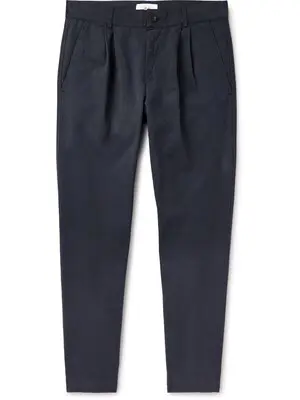 Mr P. Tapered Pleated Garment-dyed Cotton-twill Trousers - Blue