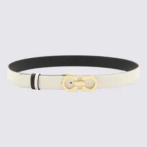 FERRAGAMO Butter And Black Leather Gancini Belt Mascarpone/nero