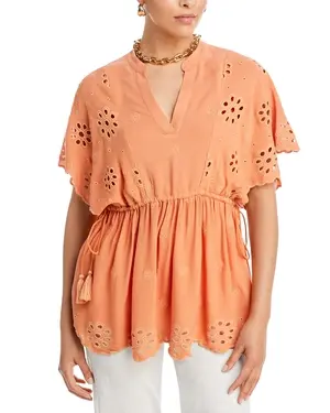 T Tahari Split Neck Eyelet Blouse