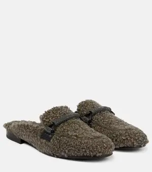 Brunello Cucinelli Embellished Shearling Slippers - Brown