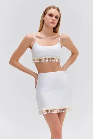 PatBO Hand-beaded Cropped Top - White