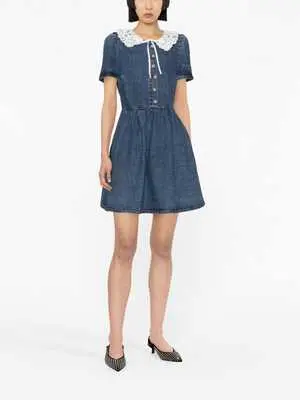 SELF-PORTRAIT Lace-trimmed Denim Mini Dress