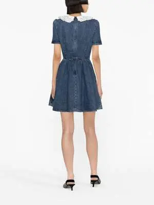 SELF-PORTRAIT Lace-trimmed Denim Mini Dress
