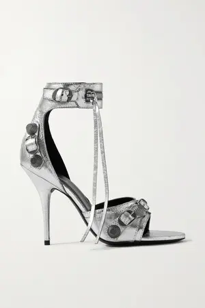 Balenciaga Cagole Embellished Metallic Crinkled-leather Sandals