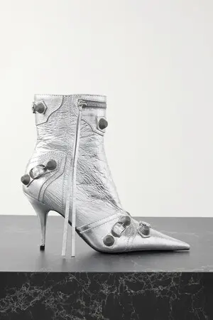 Balenciaga Le Cagole Studded Crinkled-leather Ankle Boots - Silver