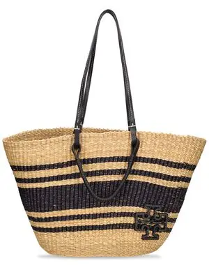 Tory Burch Ella Striped Straw & Leather Tote Bag - Natural,black