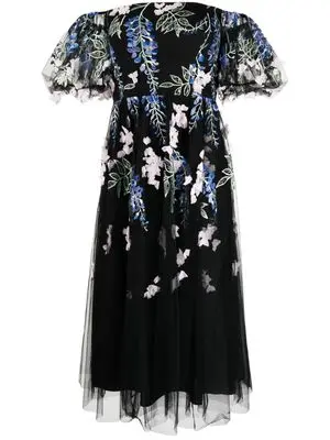 Marchesa Floral Embroidered Off-shoulder Midi Dress - Black