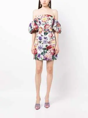 Marchesa Floral-embroidered Off-shoulder Minidress