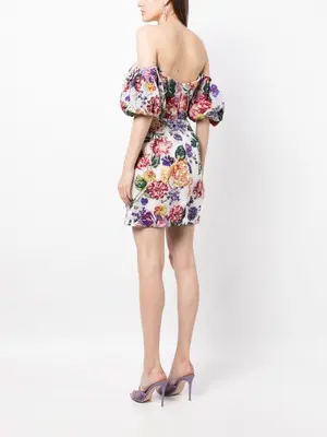 Marchesa Floral-embroidered Off-shoulder Minidress