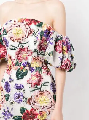 Marchesa Floral-embroidered Off-shoulder Minidress