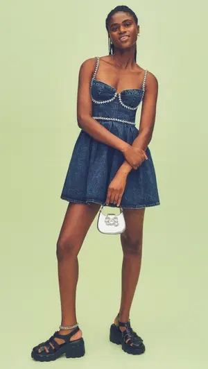 denim a line maxi dress – Diva's Den Fashion, LLC Color:Champange Style_Yoked Denim Jacket On Top defining cut flows into