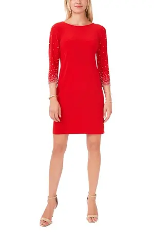 Chaus Imitation Pearl And Rhinestone Embellished Sheath Dress Cc Red
