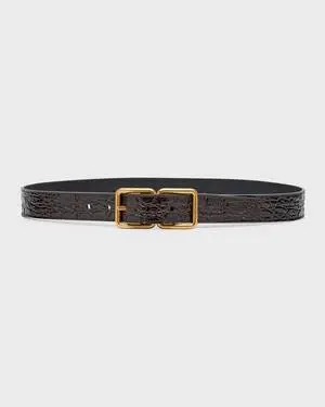 Saint Laurent Saint Laurent Double Buckle Croc-Embossed Belt - Pine Brown