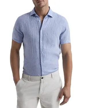 REISS Holiday Slim Fit Short Sleeve Linen Shirt Soft Blue