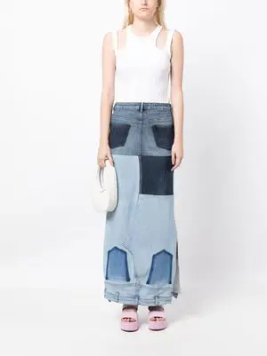 A.W.A.K.E. Mode Upcycled Trompe L'oeil Denim Maxi Skirt
