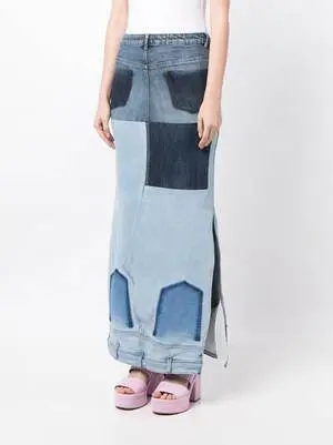 A.W.A.K.E. Mode Upcycled Trompe L'oeil Denim Maxi Skirt