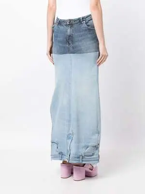 A.W.A.K.E. Mode Upcycled Trompe L'oeil Denim Maxi Skirt