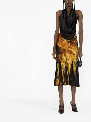 Balmain Fire-print Draped Midi Skirt