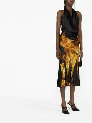 Balmain Fire-print Draped Midi Skirt
