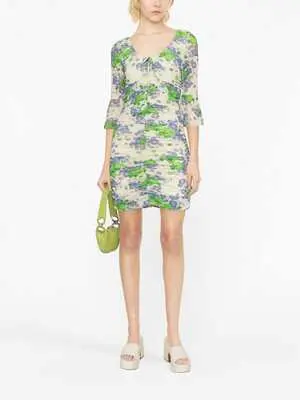 GANNI Floral-print Ruched Minidress - Neutrals