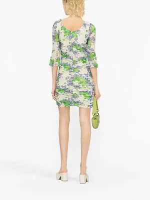 GANNI Floral-print Ruched Minidress - Neutrals