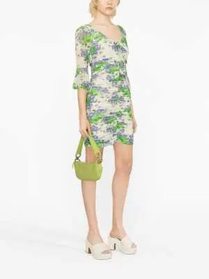 GANNI Floral-print Ruched Minidress - Neutrals