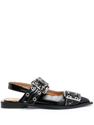 GANNI Wide Welt Buckled Ballerina Shoes - Black