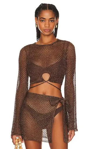 House Of Harlow 1960 X Sana Metallic Open Stitch Top In Metallic Brown - Bronze