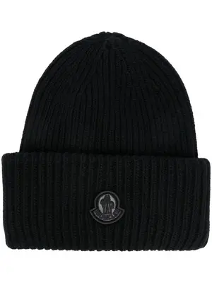 Moncler Logo-patch Knitted Wool Beanie - Black