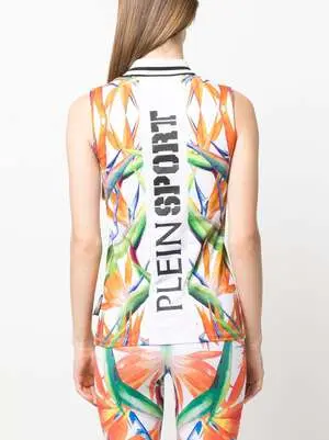 PLEIN SPORT Floral-print Sleeveless Polo Top - White