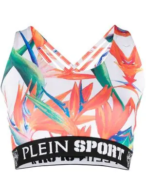 PLEIN SPORT Botanical-print Jogging Bra - White