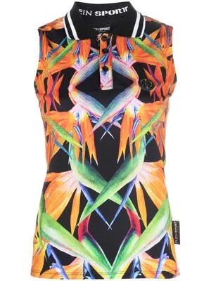 PLEIN SPORT Floral-print Sleeveless Polo Shirt - Black