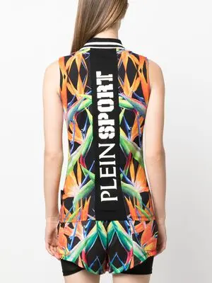 PLEIN SPORT Floral-print Sleeveless Polo Shirt - Black