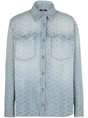 Balmain Monogram-jacquard Cotton Shirt - Blue
