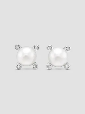 David Yurman Stud Earrings In Sterling Silver With Pearls And Diamonds, 7.4mm