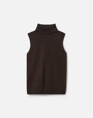 Lafayette 148 New York Crepe Knit Sleeveless Turtleneck Shell - Truffle