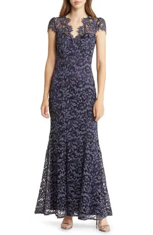 Eliza J Illusion Cap-sleeve Gown - Navy